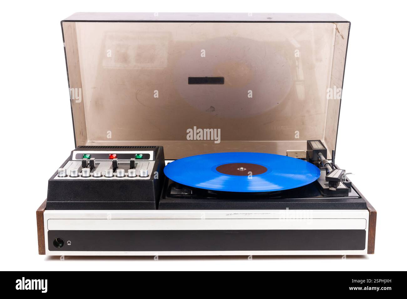 Vintage turntable record player with blue vinyl isolated on white ...