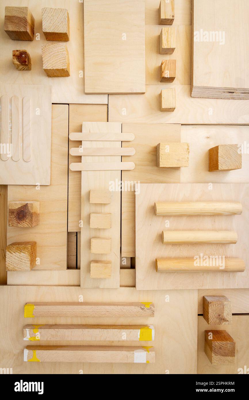 Flat lay of various wood and plywood pieces. Carpentry background Stock ...