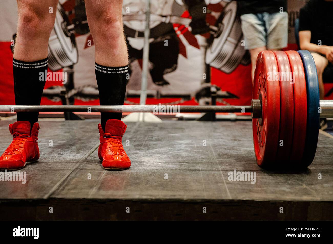 legs powerlifter athlete next heavy barbell before performing deadlift ...