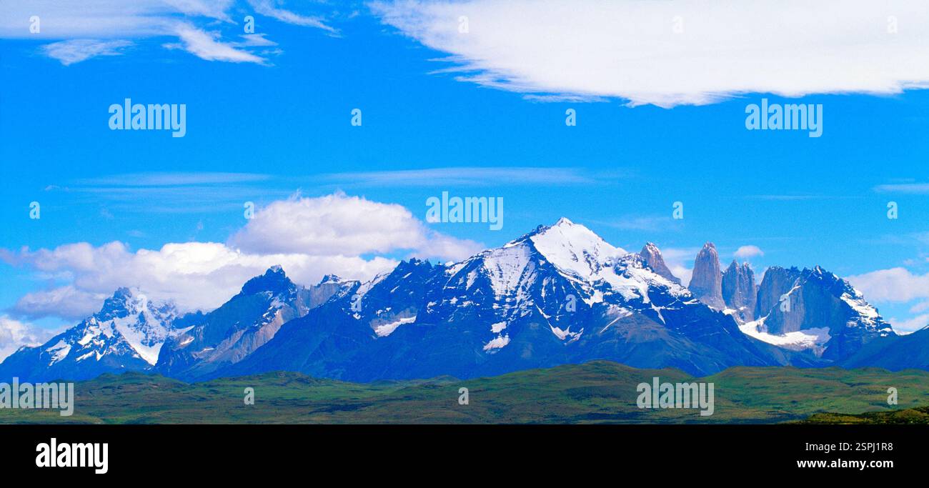The Cordillera Paine mountain range with the three Torres del Paine ...