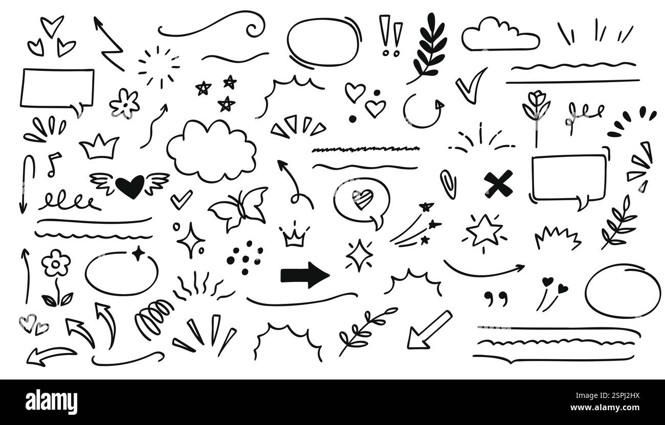A collection of hand-drawn doodle elements, including speech bubbles ...
