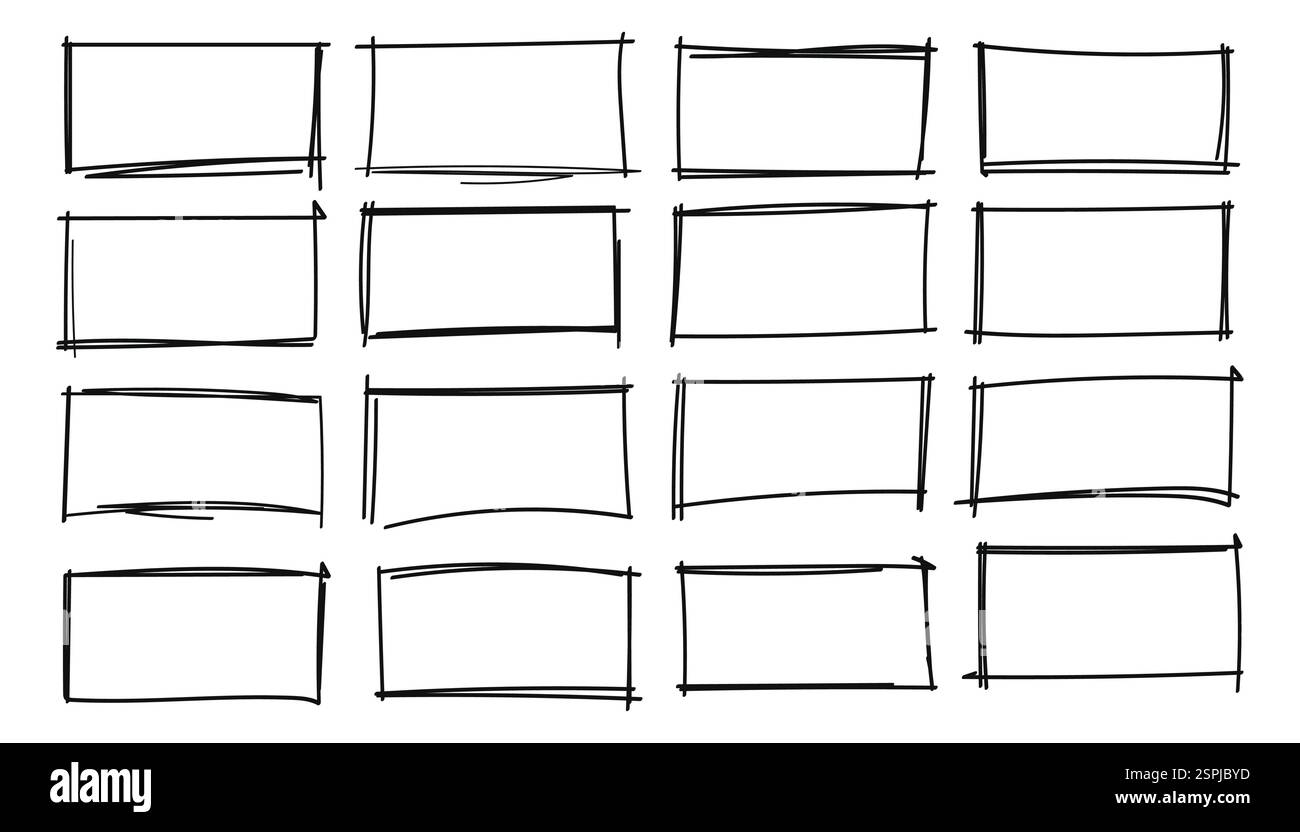 Vector set of hand-drawn doodle rectangle frames. Grungy scribble geometric borders with rough ...