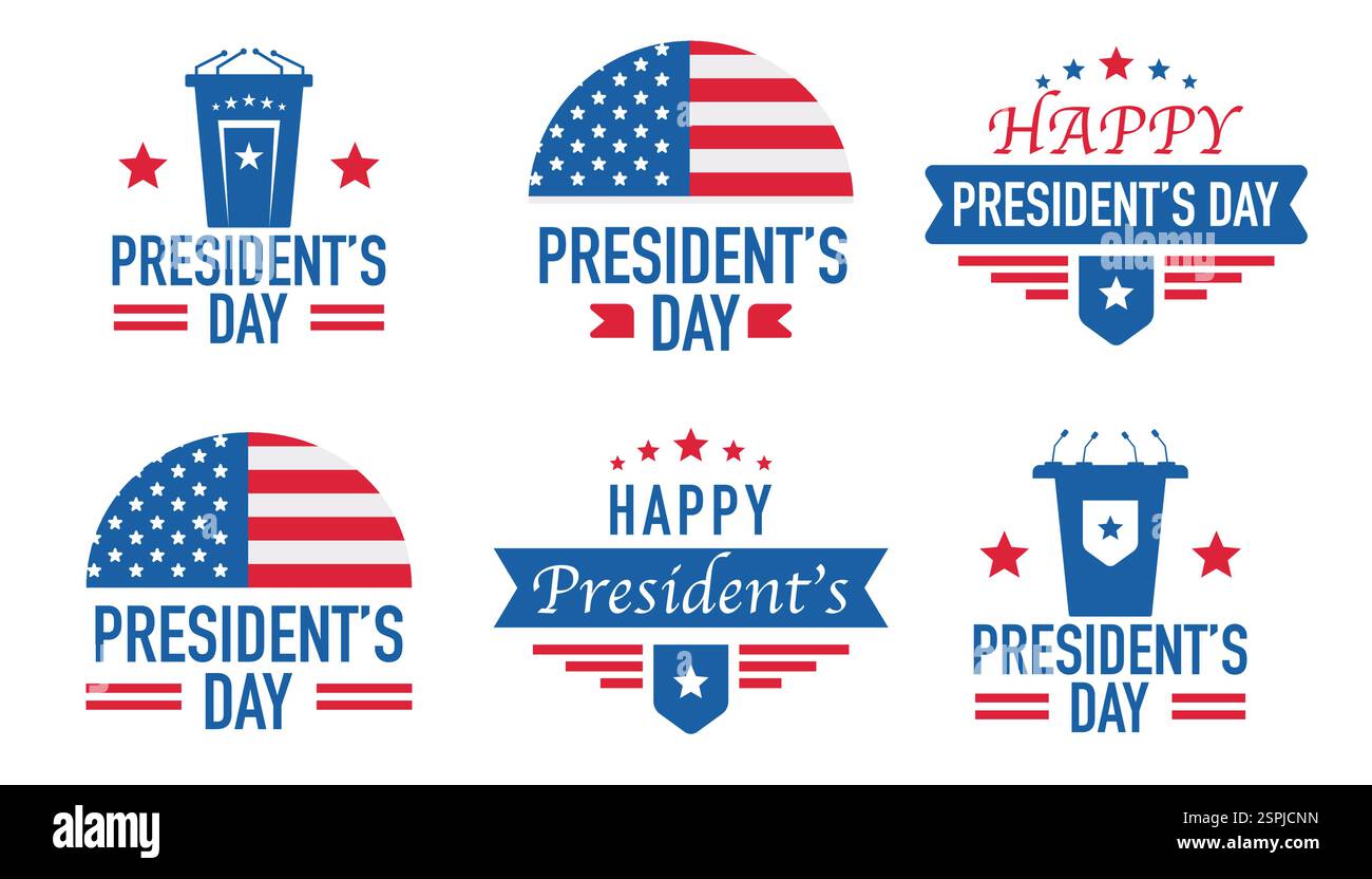President's Day banners and badges featuring the American flag, podiums ...