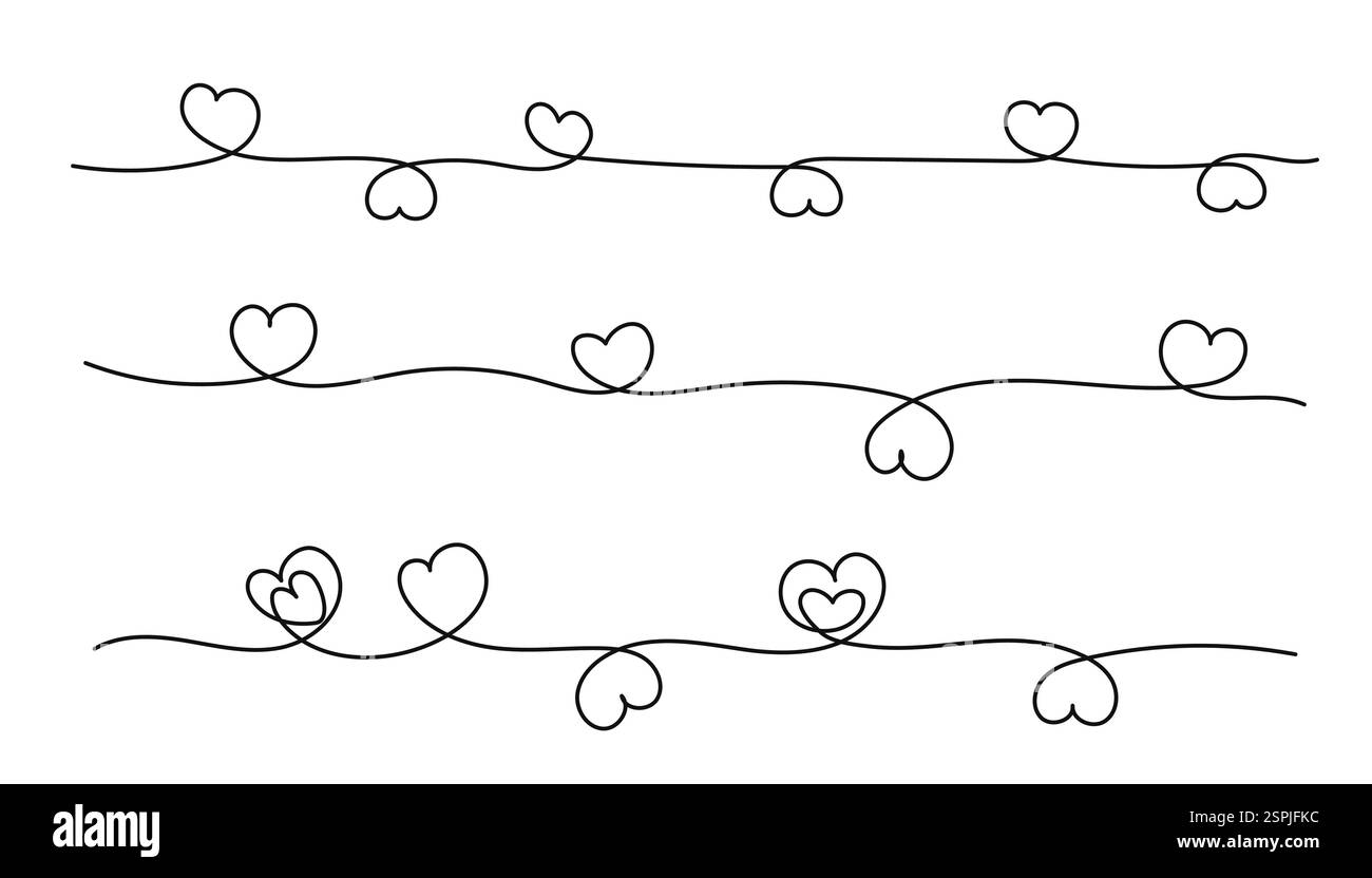Set of one continuous line heart border on white background for ...