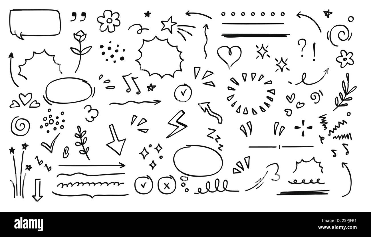 A collection of hand-drawn doodle elements, including speech bubbles ...