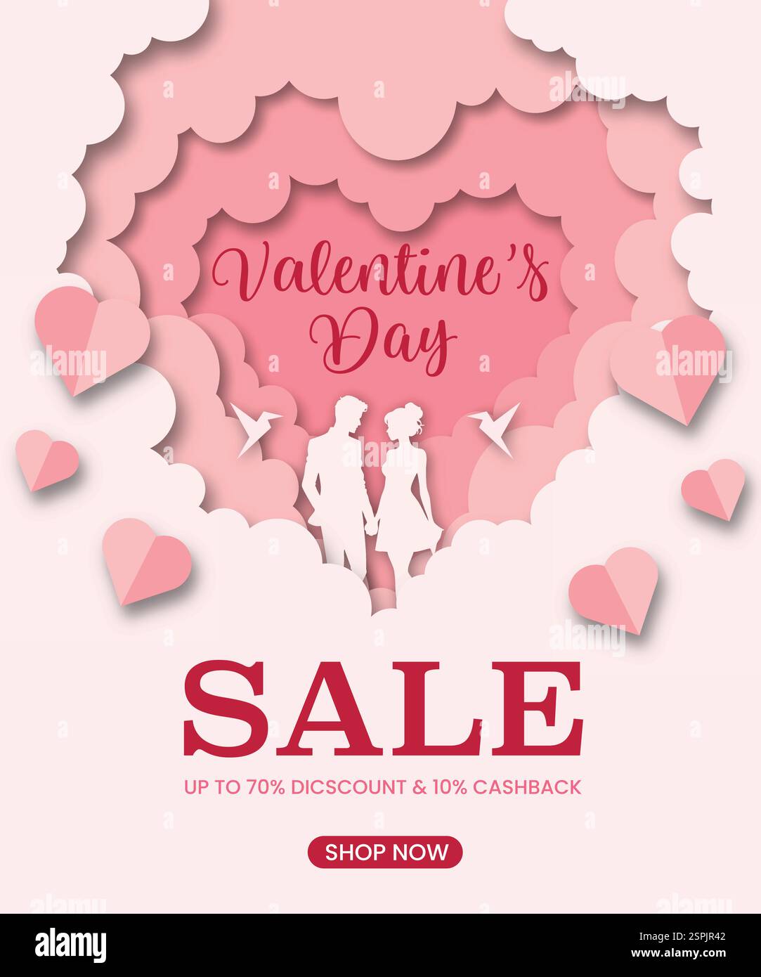 Valentine's Day sale banner with a romantic couple silhouette, layered ...