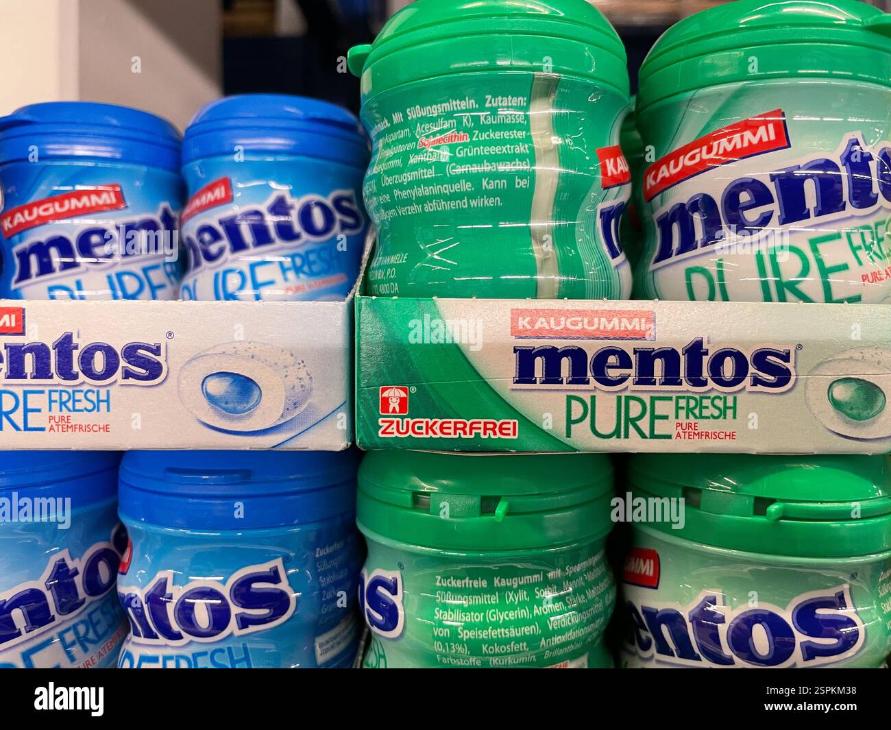 Close-up view of multiple containers of Mentos Pure Fresh sugar-free ...