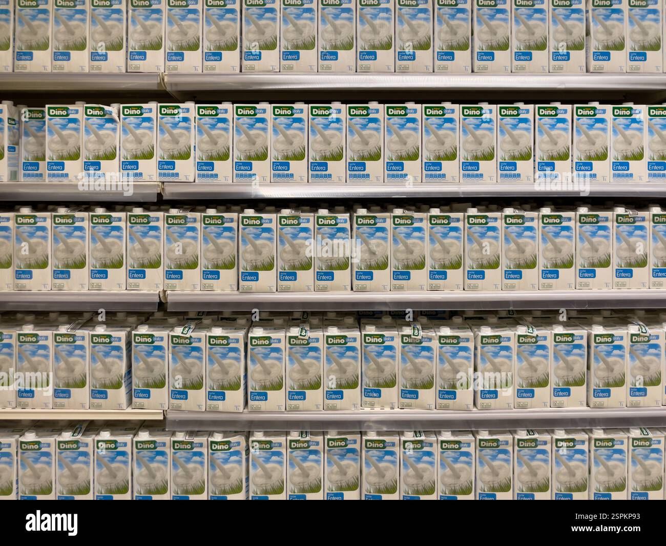 A supermarket shelf displays numerous identical cartons of Dino brand ...
