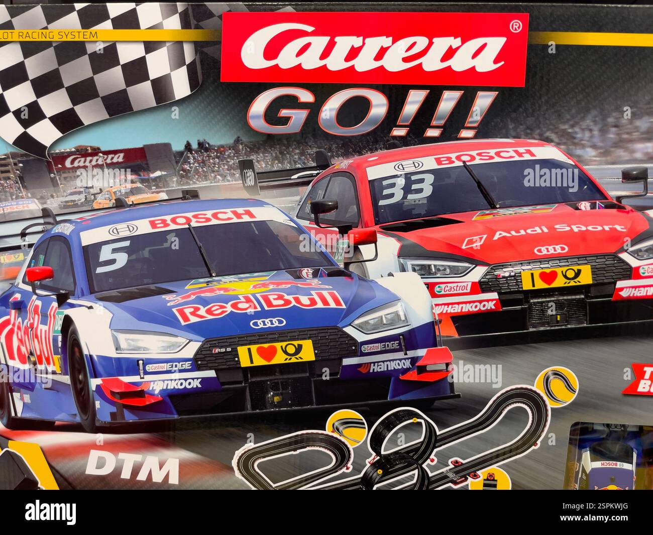 Close-up of a Carrera GO!!! slot car racing set box featuring two DTM ...
