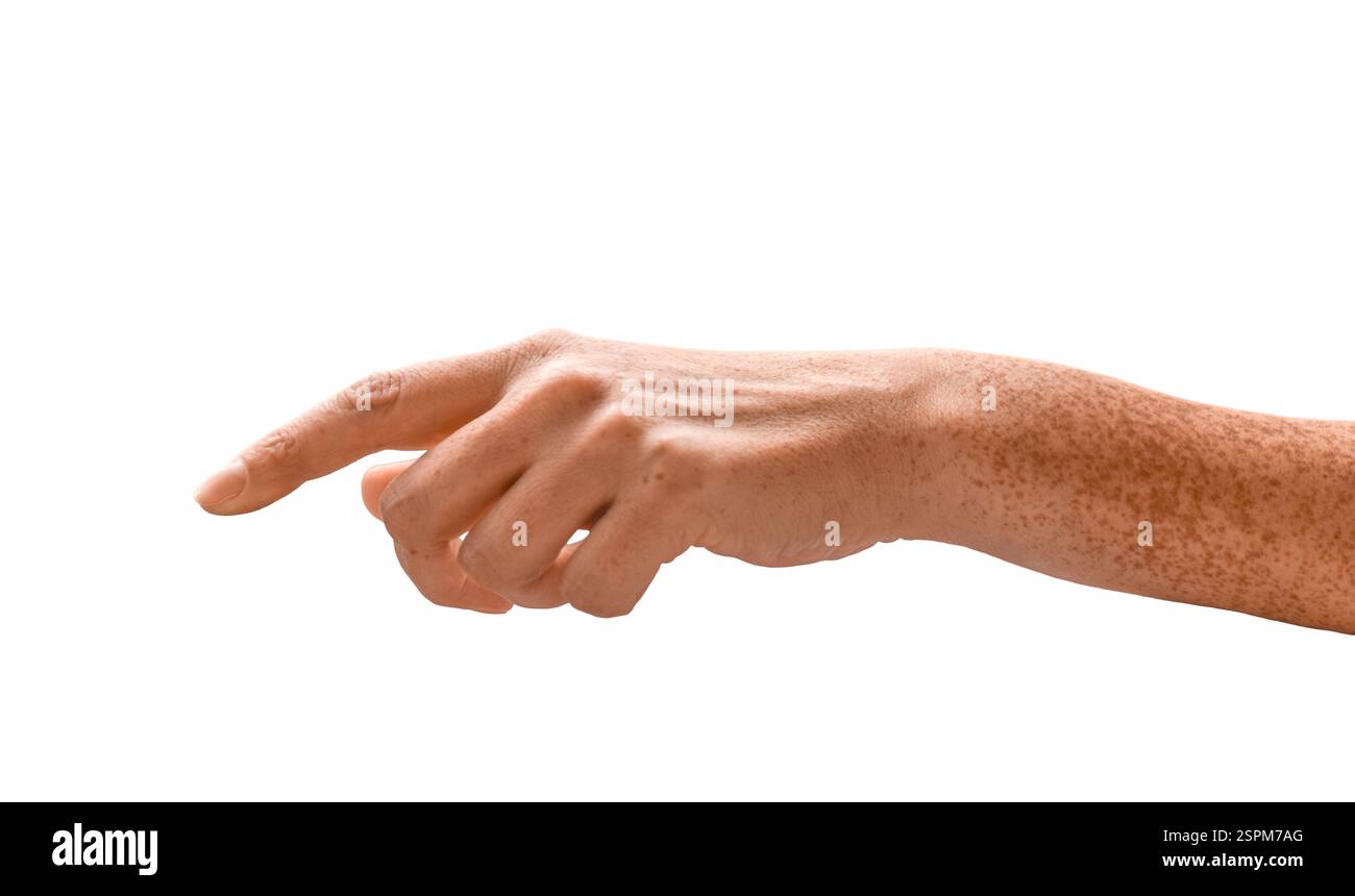 Female hand with extended index finger pointing or pressing gesture isolated cutout on white ...