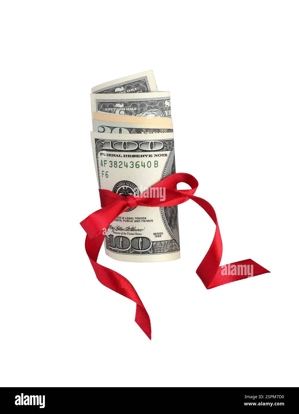 Rolled American cash dollars money tied with red bow ribbon isolated ...