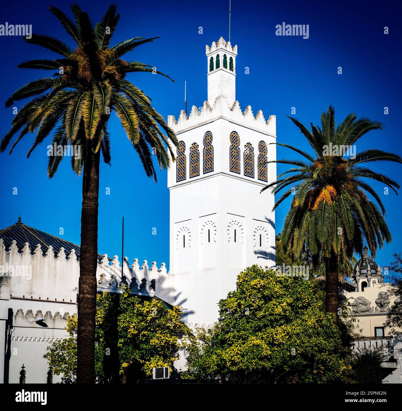 A white tower with intricate architectural details surrounded by palm ...