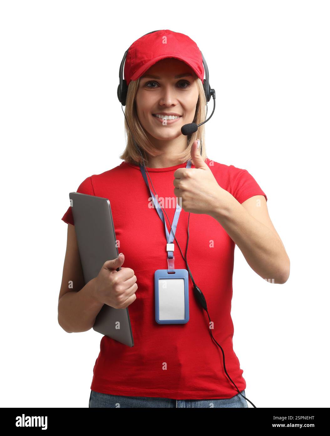 Technical support call center. Smiling operator with laptop showing ...