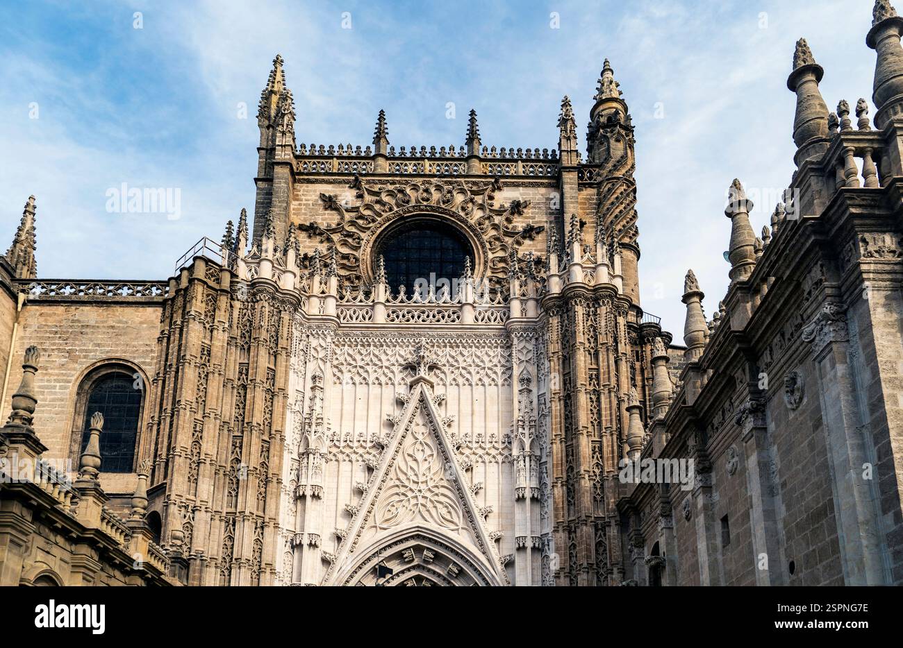 A close-up view of a grand cathedral facade featuring intricate stone ...
