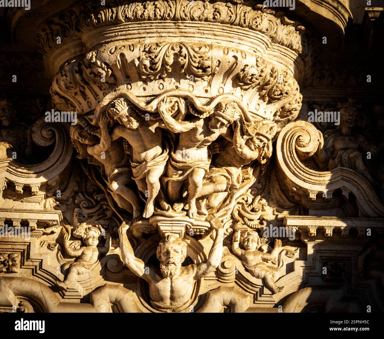 Intricate stone carvings on a historical architectural column ...