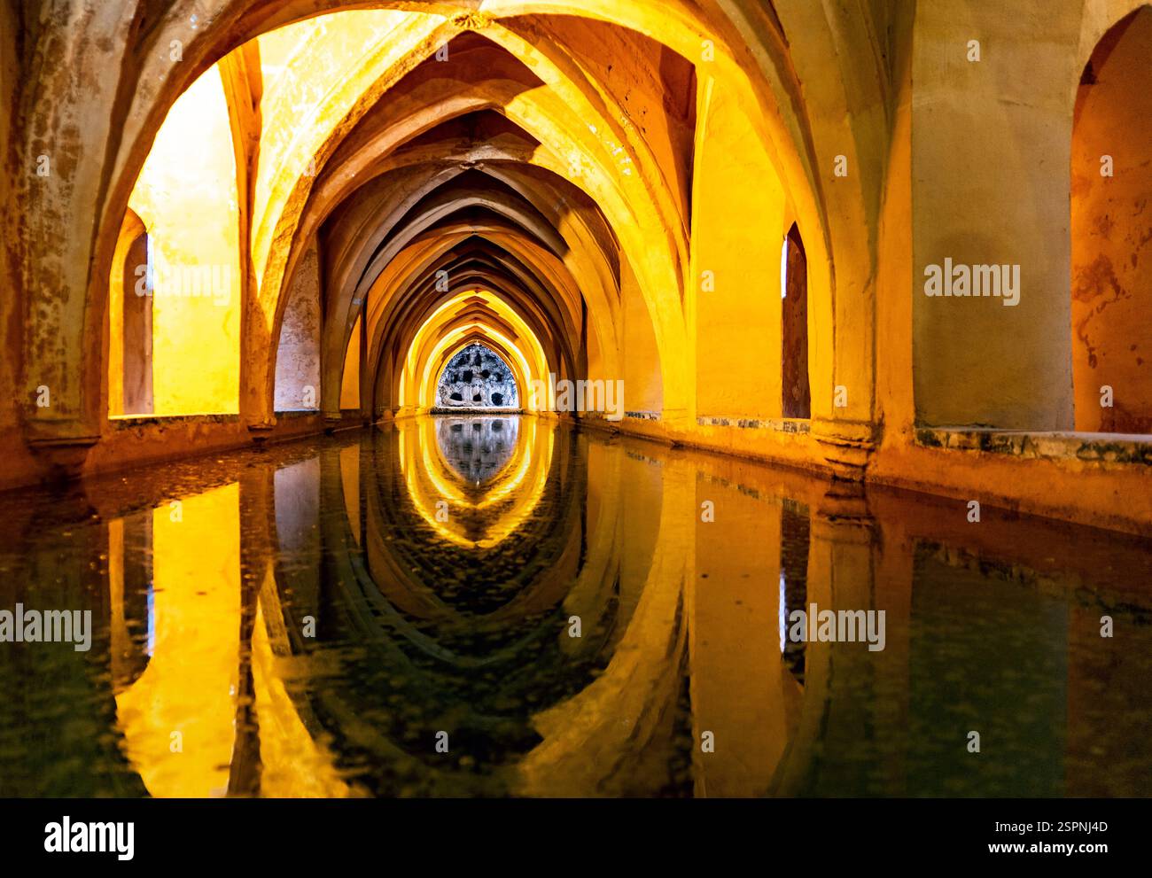 A stunning underground space with arched ceilings and a calm water ...