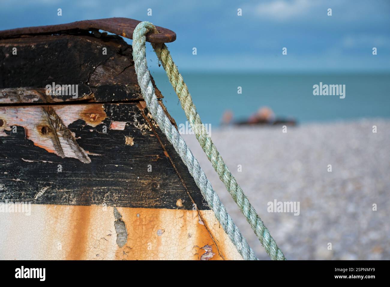 Wooden fishing boat, detail with rope on the beach at Yport, Alabaster ...