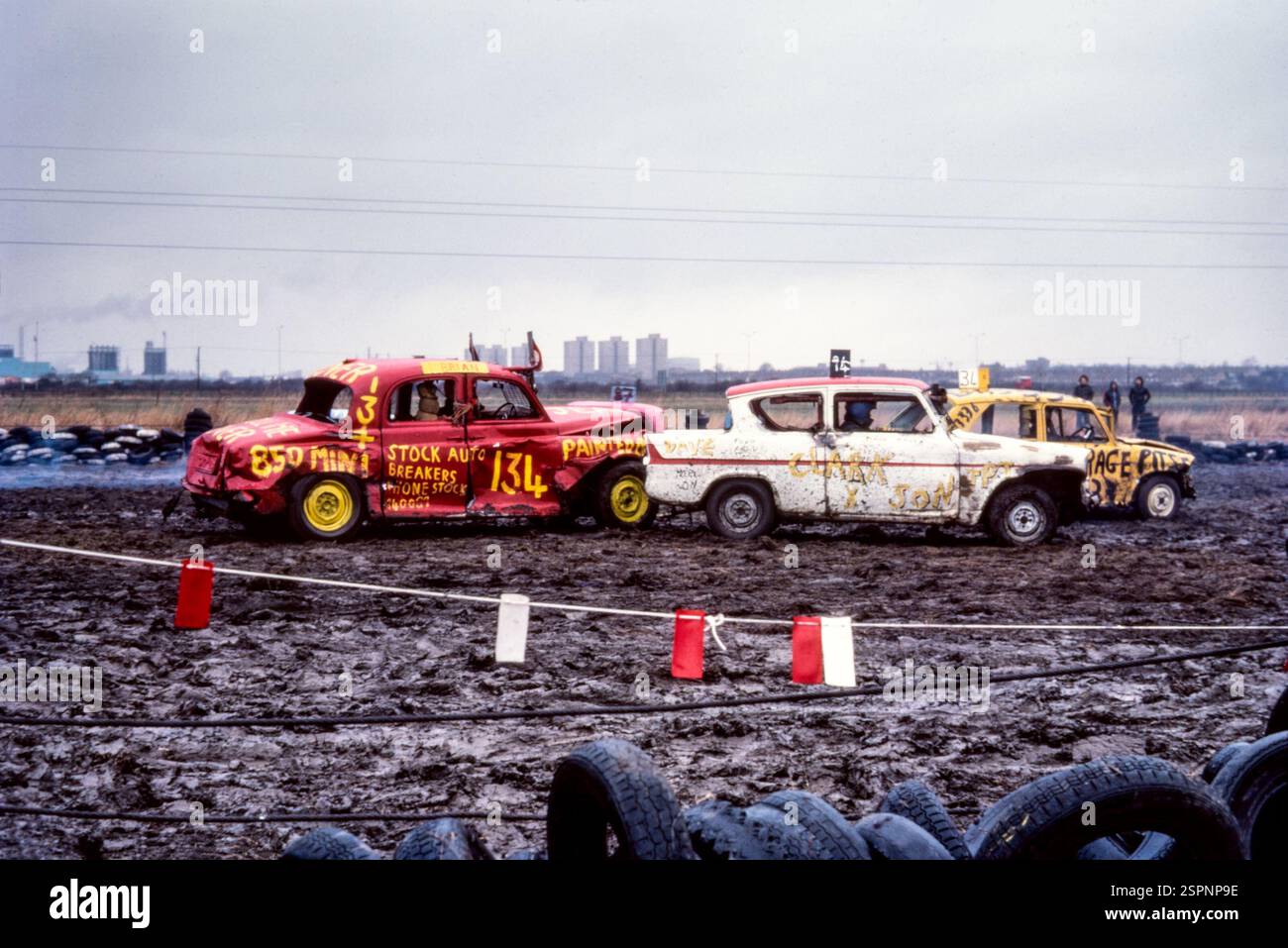 Banger racing in a field beside the Dock Road go-kart track in Tilbury ...