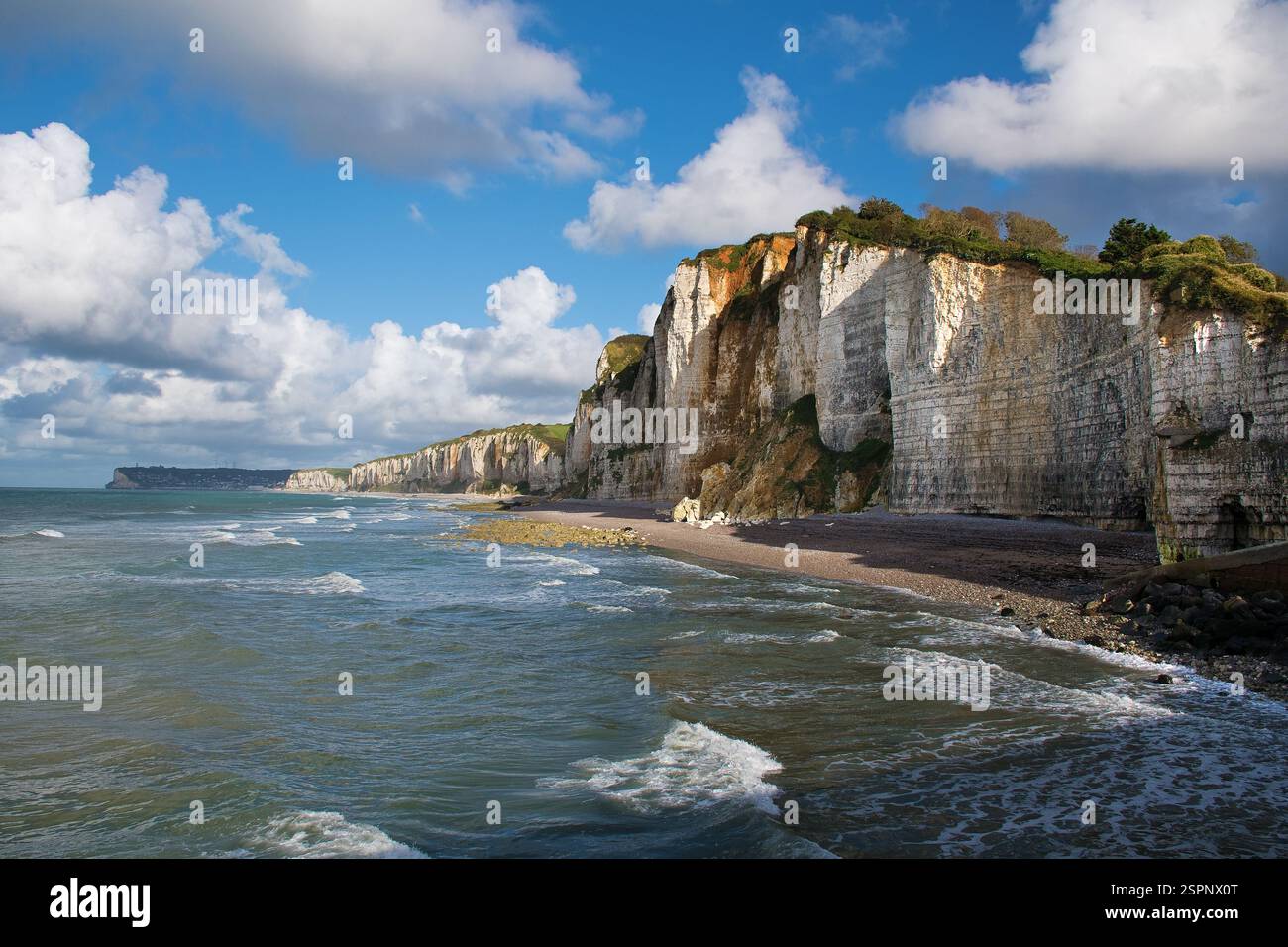 Yport, view of the Falaise with Fècamp in the background. Seine ...