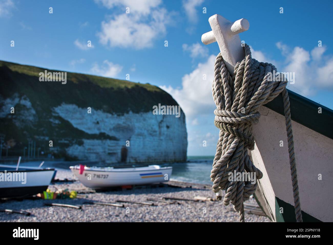 Wooden fishing boat, detail with rope on the beach at Yport, Alabaster ...