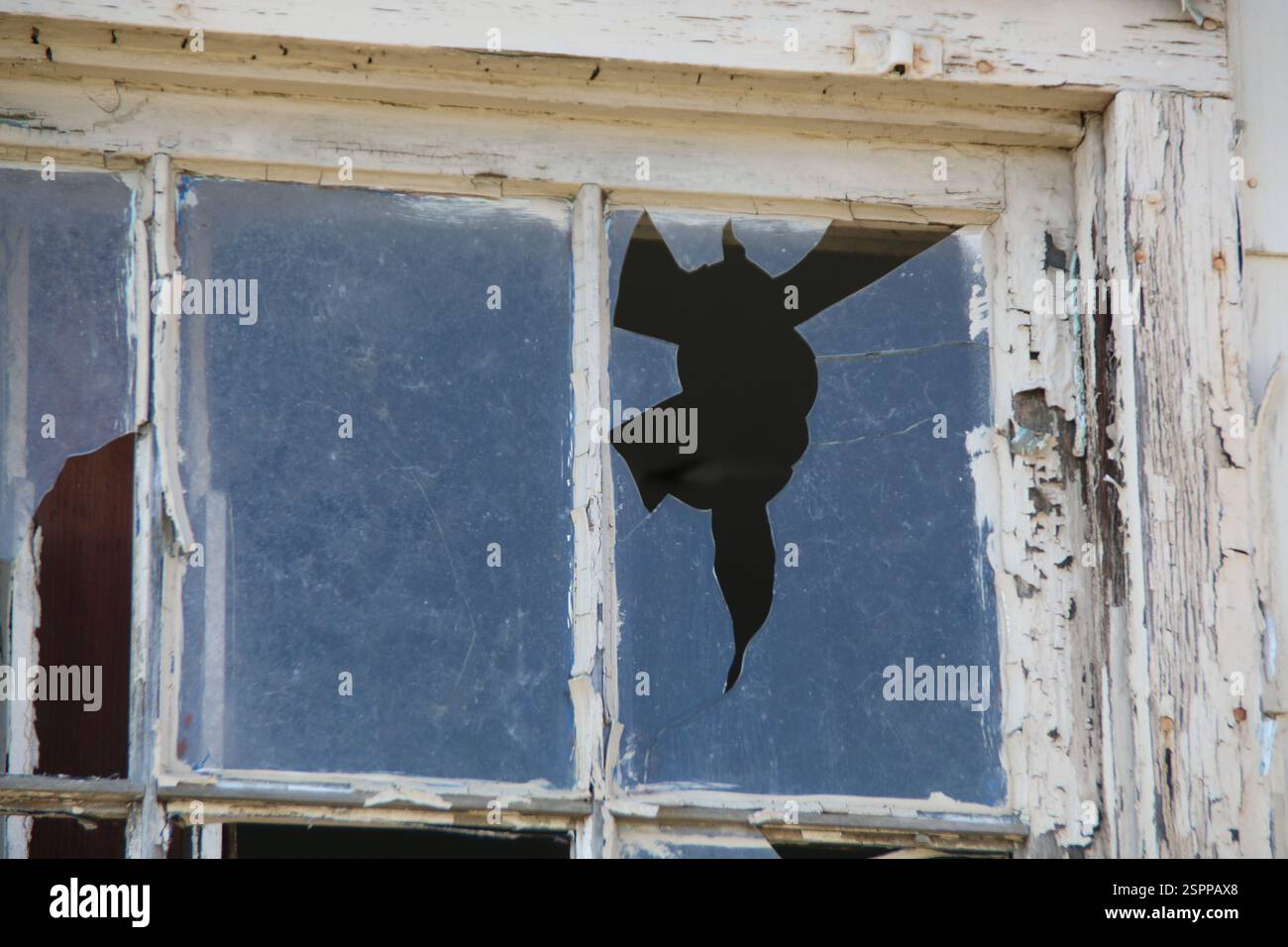 Close up view of a broken window pane where something was thrown ...