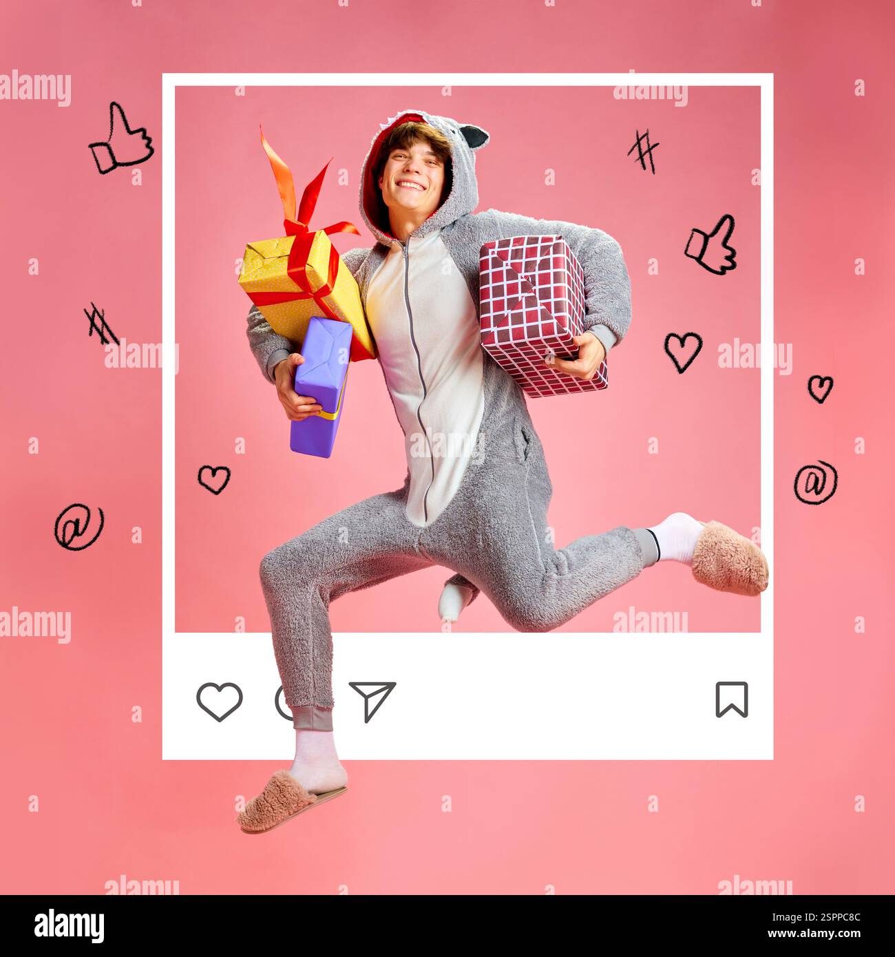 Contemporary art collage. Young man wearing cozy animal onesie jumping ...