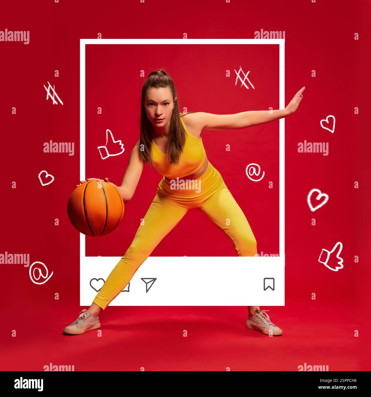 Contemporary art collage. Female basketball player in dynamic pose holding ball against red ...