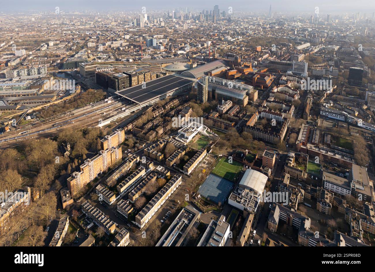 Aerial view of King's Cross, London, UK. Shows King's Cross Station ...
