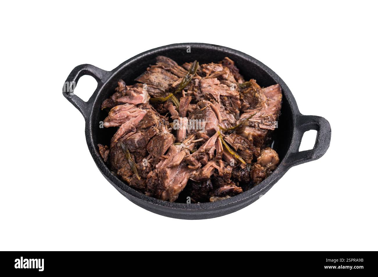 Slow cooked Shredded beef ragu in a skillet isolated on a white ...