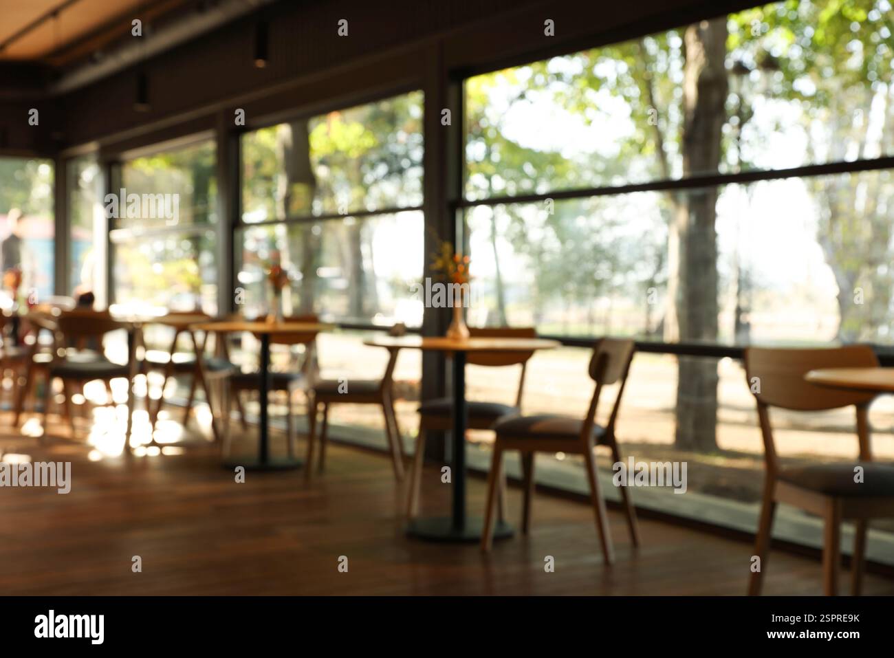 Blurred view of stylish cafe with large windows Stock Photo - Alamy