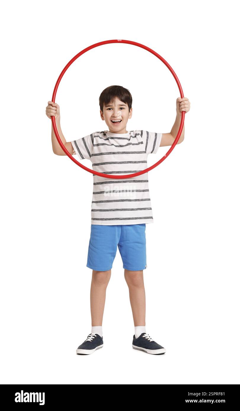 Smiling boy with hula hoop on white background Stock Photo - Alamy