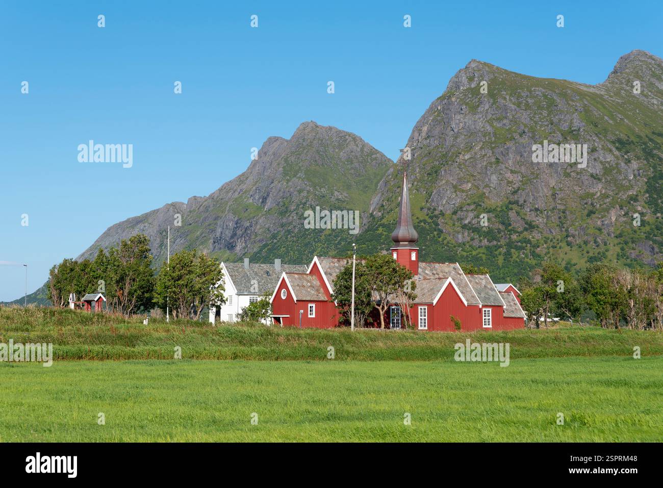 Landscape with a view of the Flakstad Church, in the background, among ...