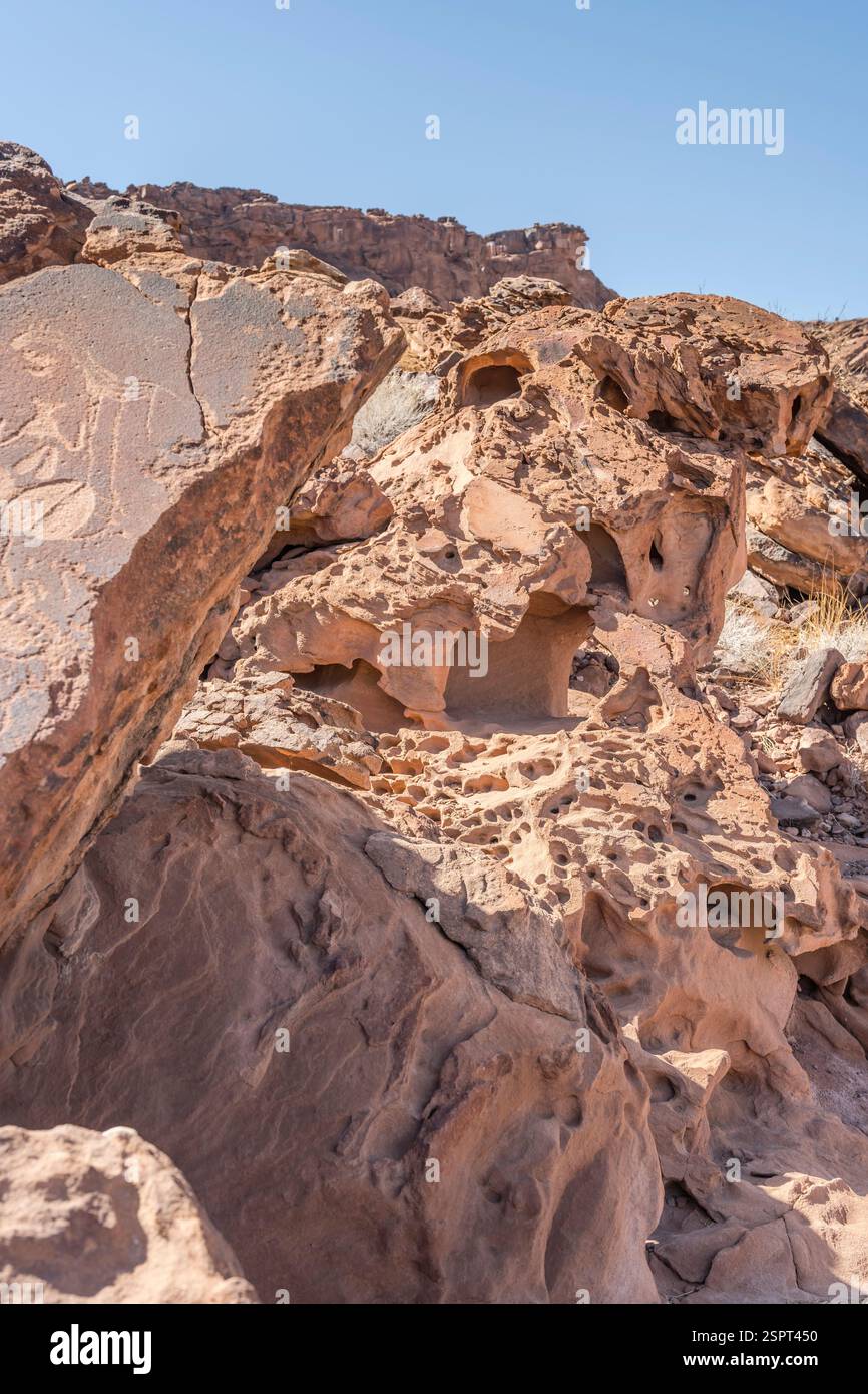 prehistorical engravings and honeycomb weathering on sandstone rocks ...
