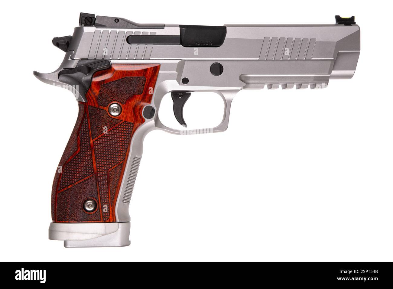 A modern semi-automatic pistol with a silver metal frame, wooden ...