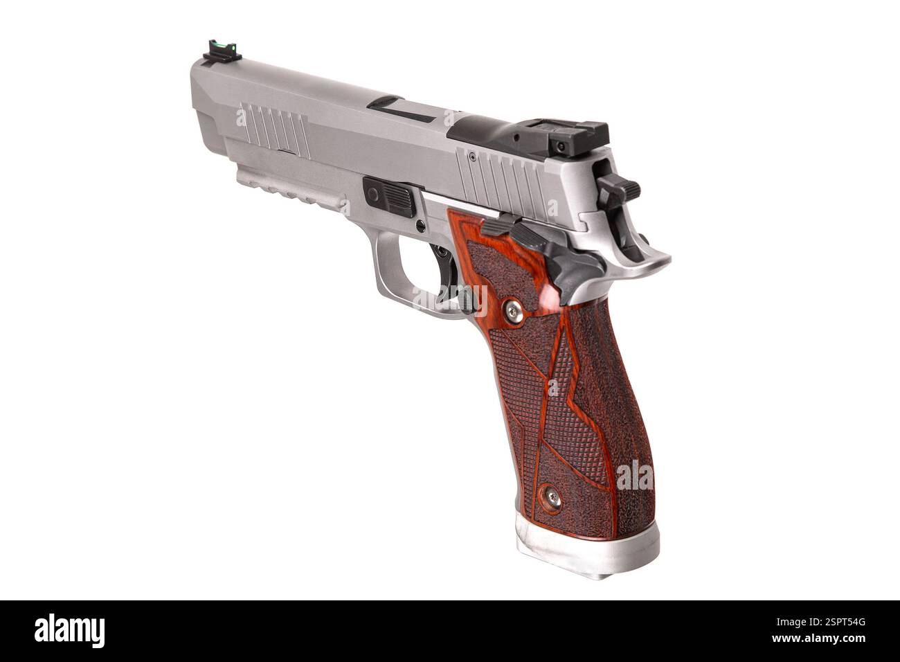 A sleek, modern handgun with a silver frame and a wooden grip ...