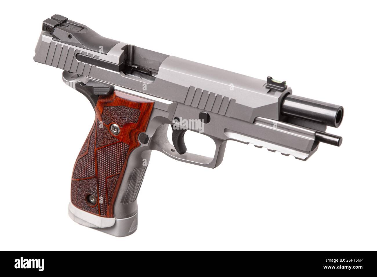 A modern semi-automatic pistol with a silver metal frame, wooden grip ...