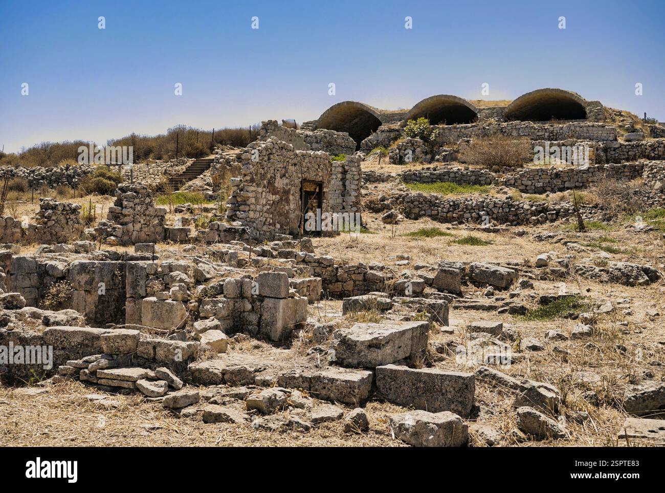 Landscape with ruins of Roman Baths of ancient Aptera on the island of ...