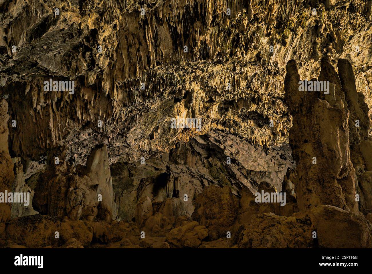 Cave interior with visible effects of karst processes like stalagmite ...