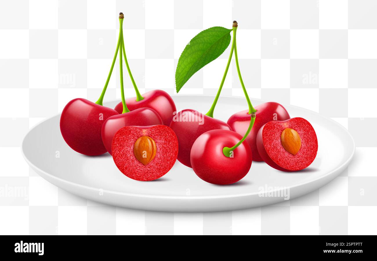 Ripe cherries on a white plate isolated on a transparent background ...