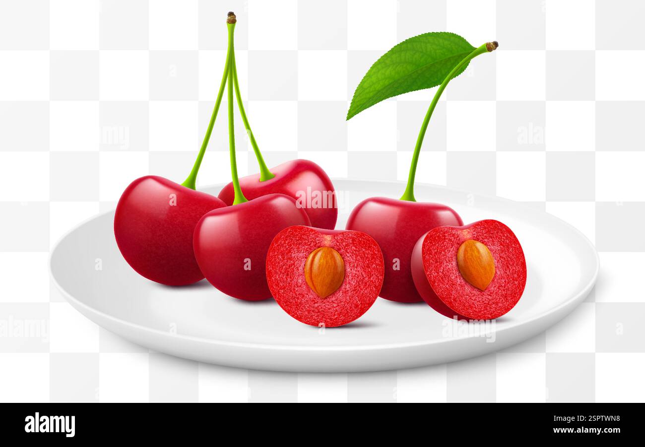 Ripe cherries on a white plate isolated on a transparent background ...