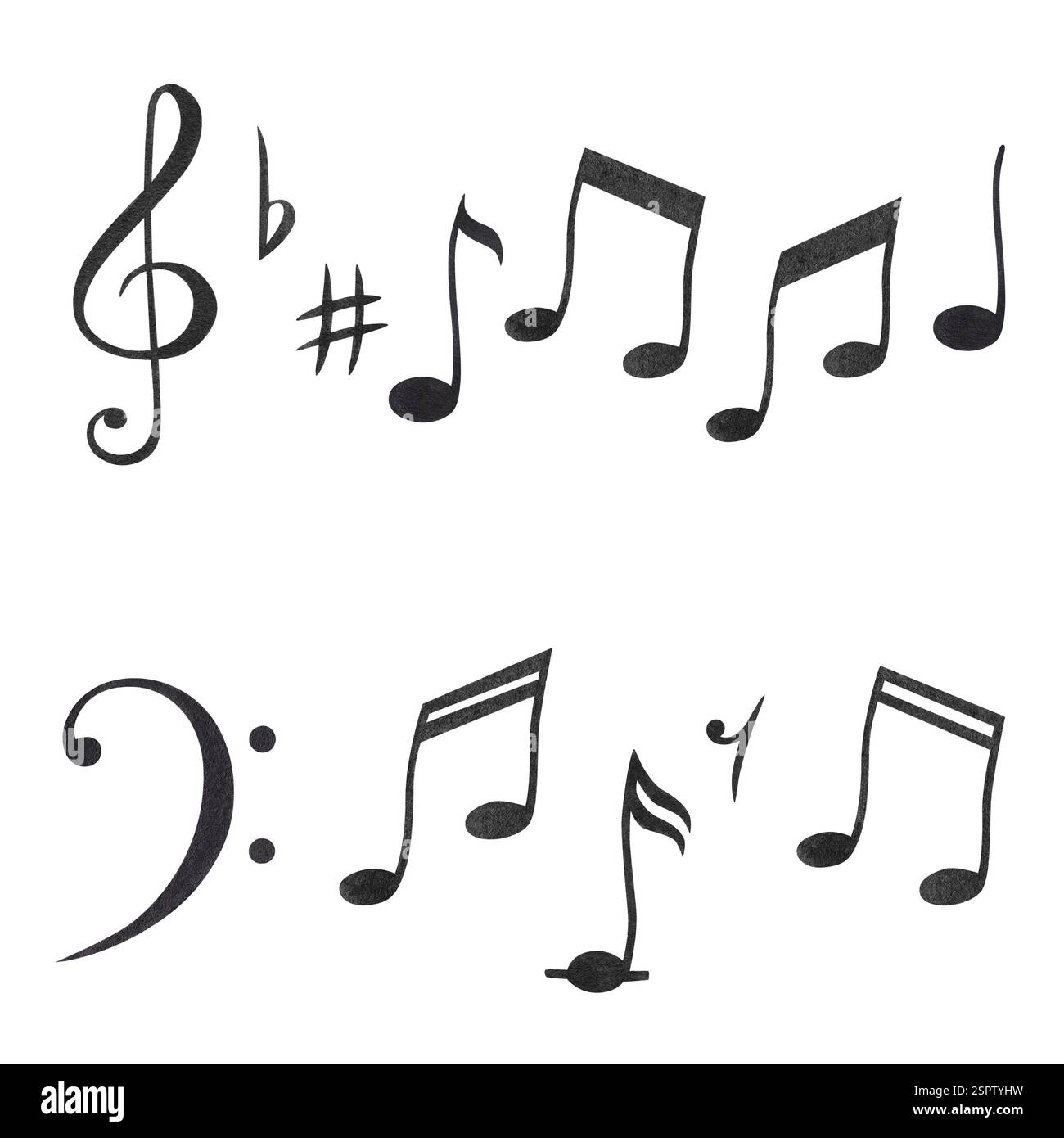 Set of black graphic notes, treble and bass clef. Watercolor hand-drawn ...