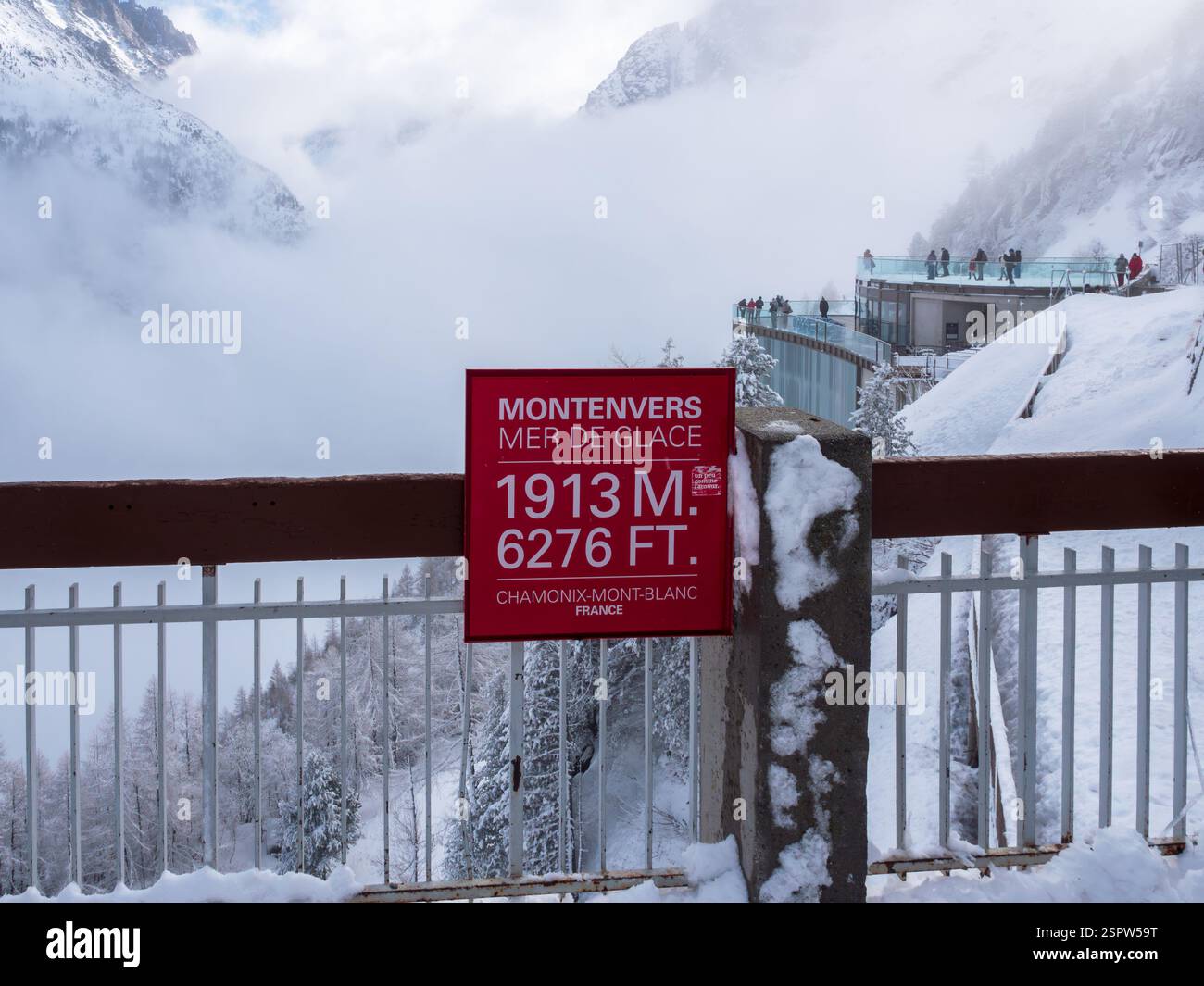 Montenvers, France January 21, 2025. Red board with information about ...