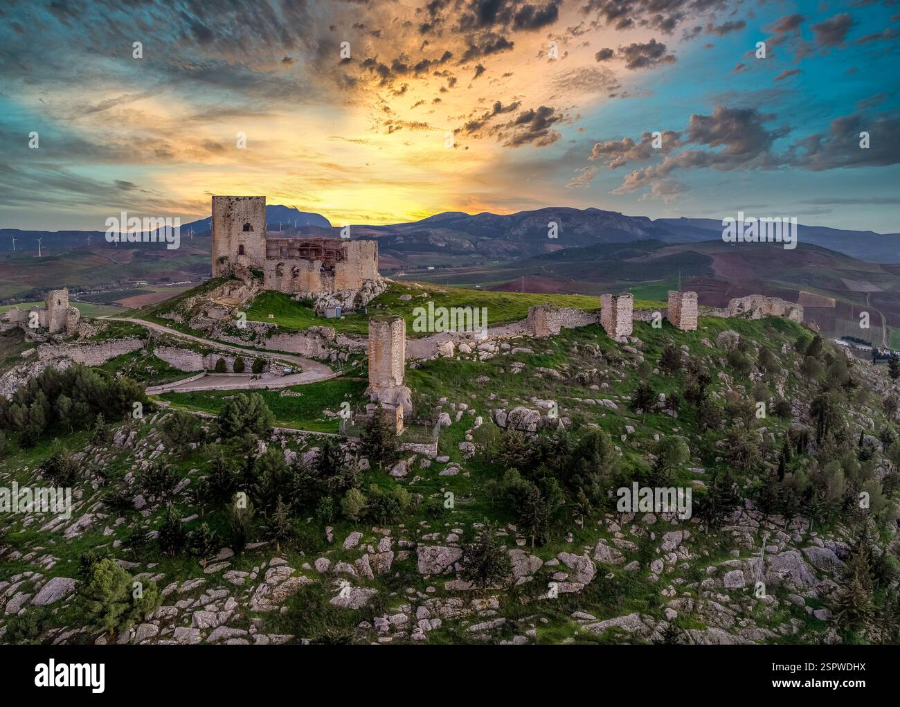 Aerial view of Castillo de la Estrella, Star castle in Teba Spain with ...