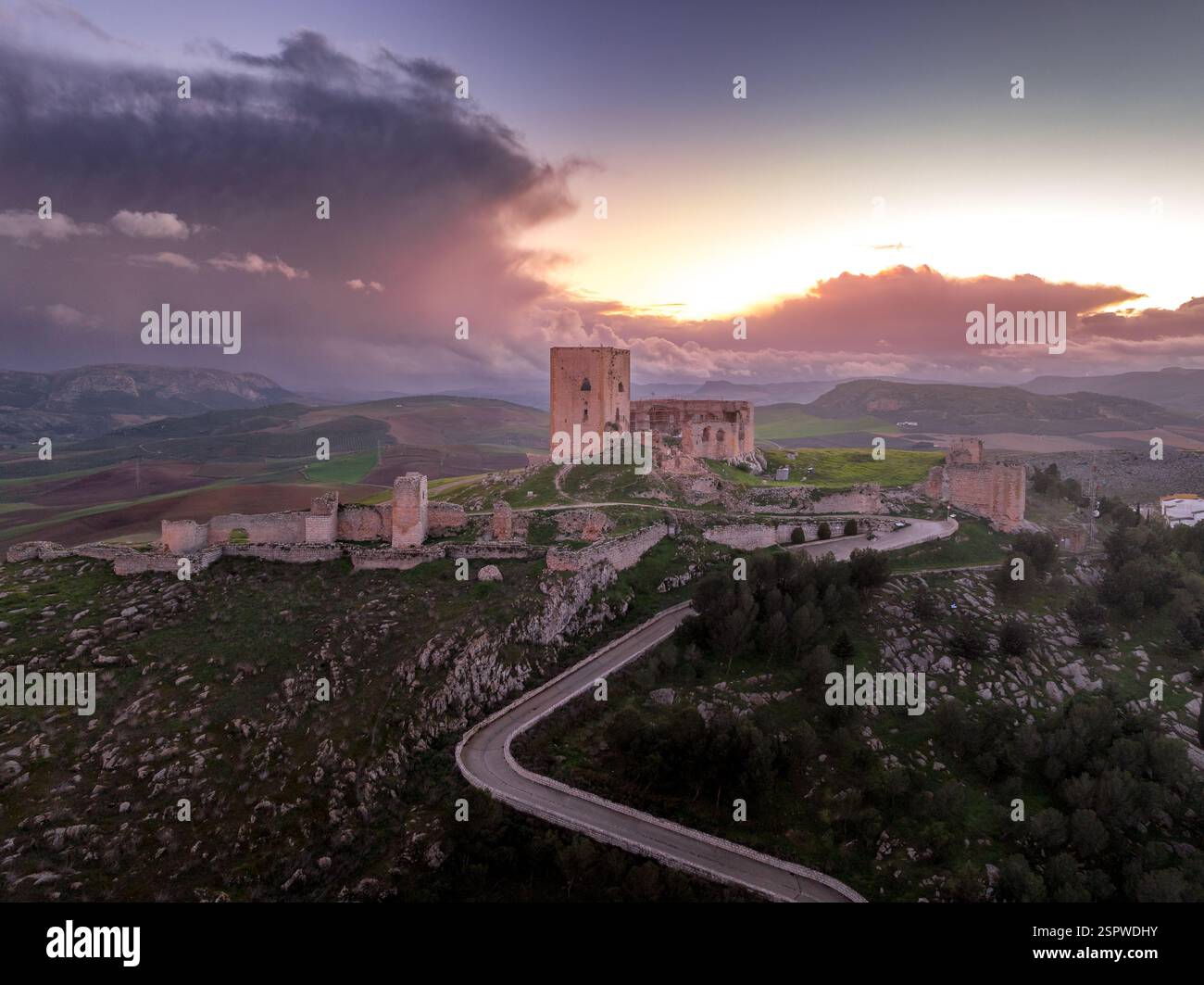 Aerial view of Castillo de la Estrella, Star castle in Teba Spain with ...
