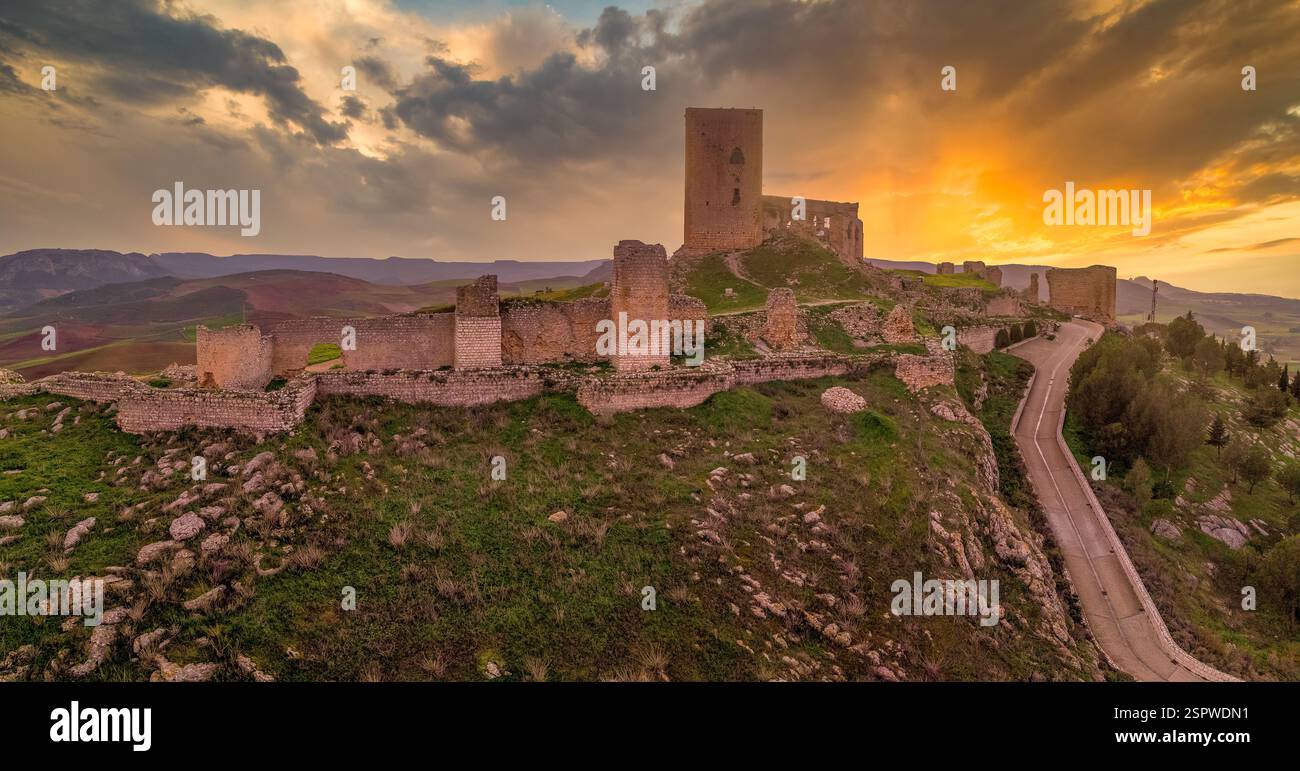 Aerial view of Castillo de la Estrella, Star castle in Teba Spain with ...