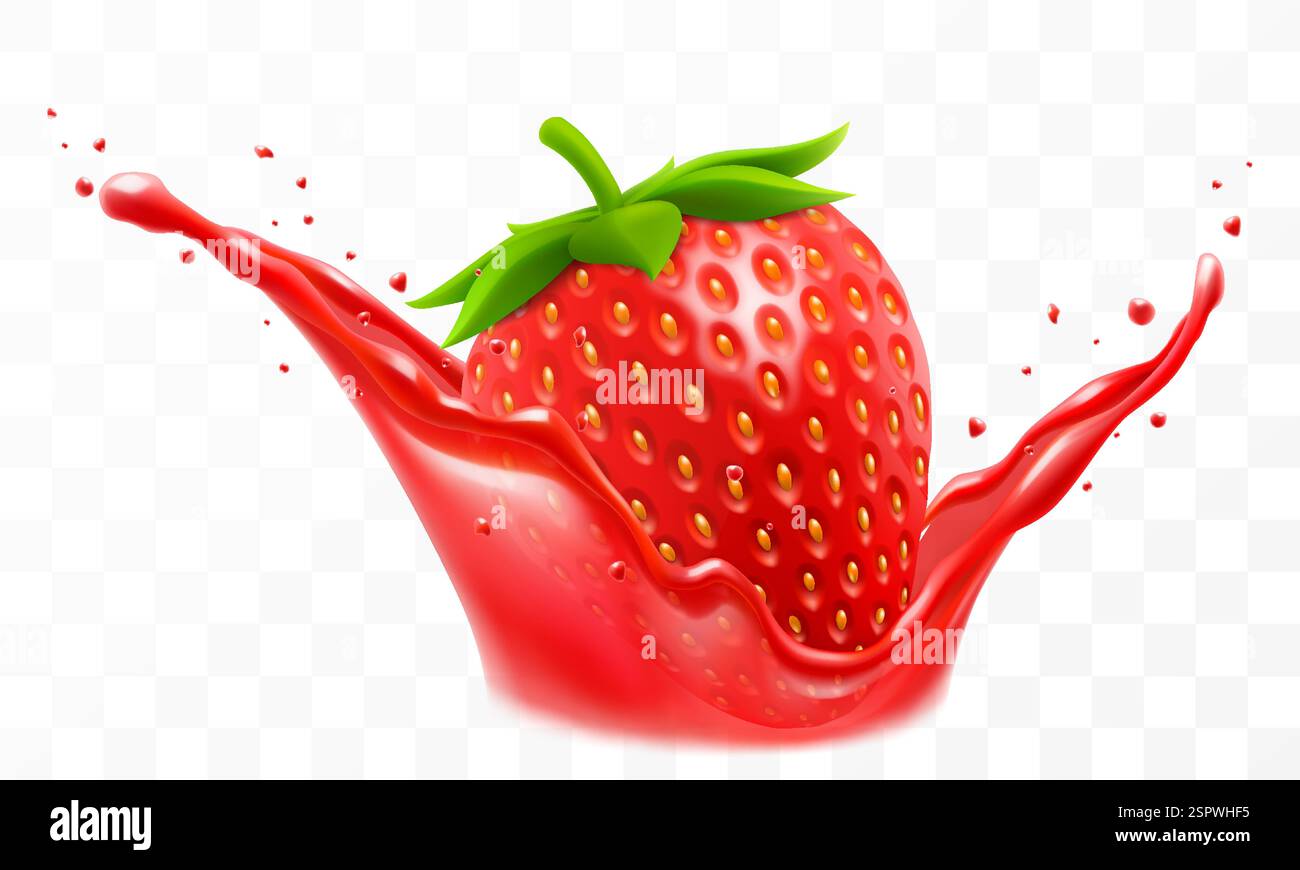 Strawberry juice. Fresh ripe strawberry falls into a splash of juice ...
