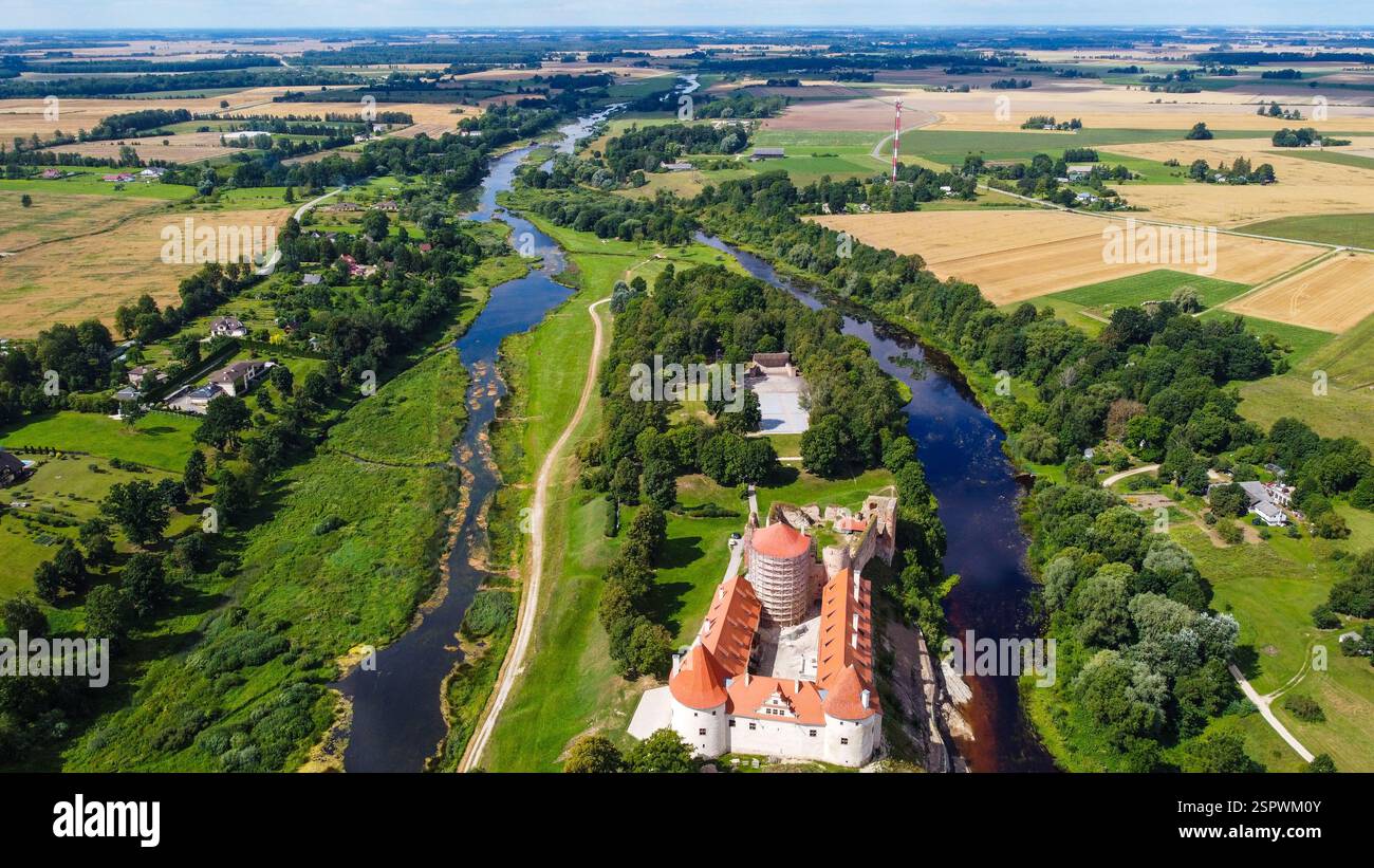 Aerial View of Historic Castle Surrounded by River and Countryside ...