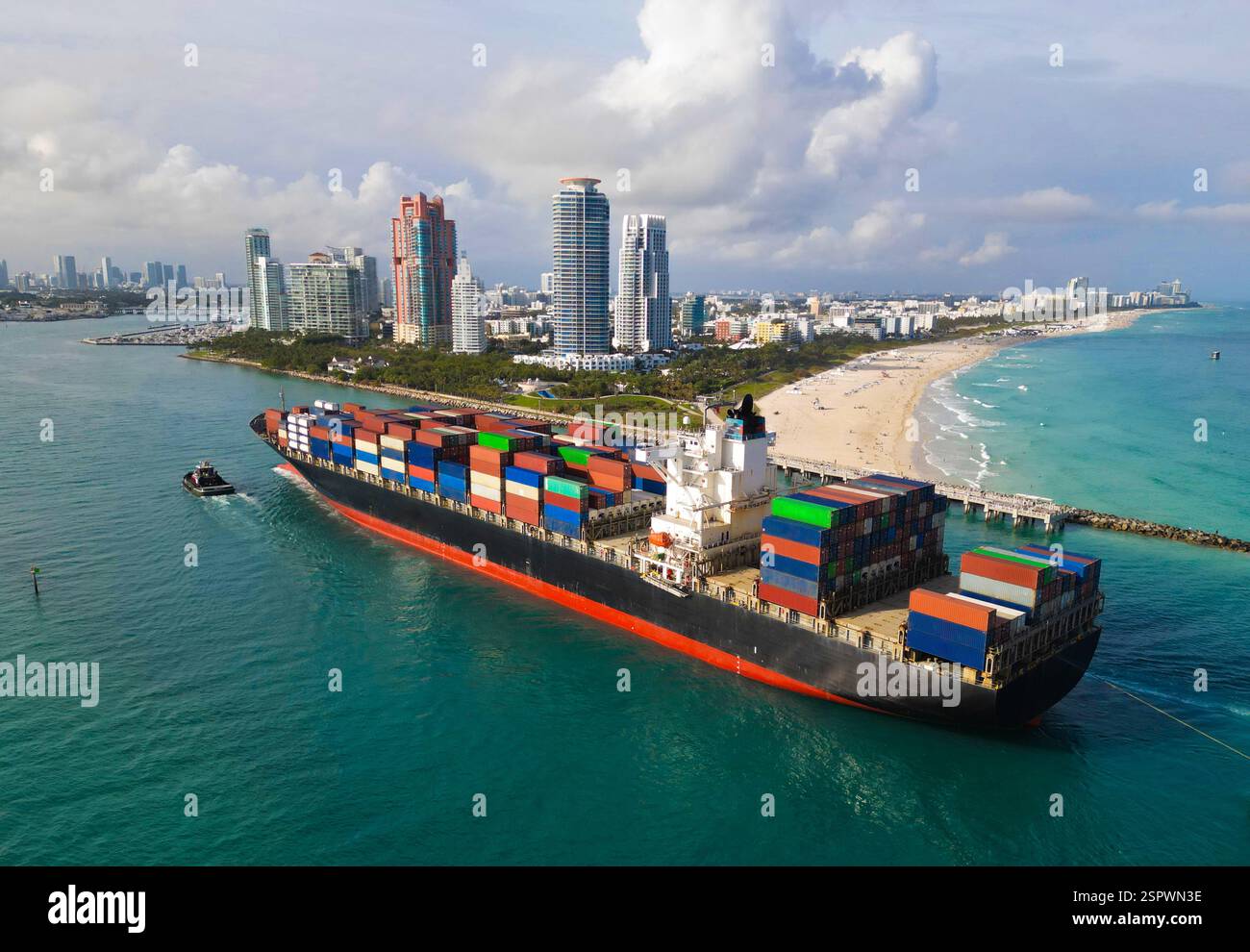 Export and import. Cargo business. Port of Miami. Cargo ship with ...