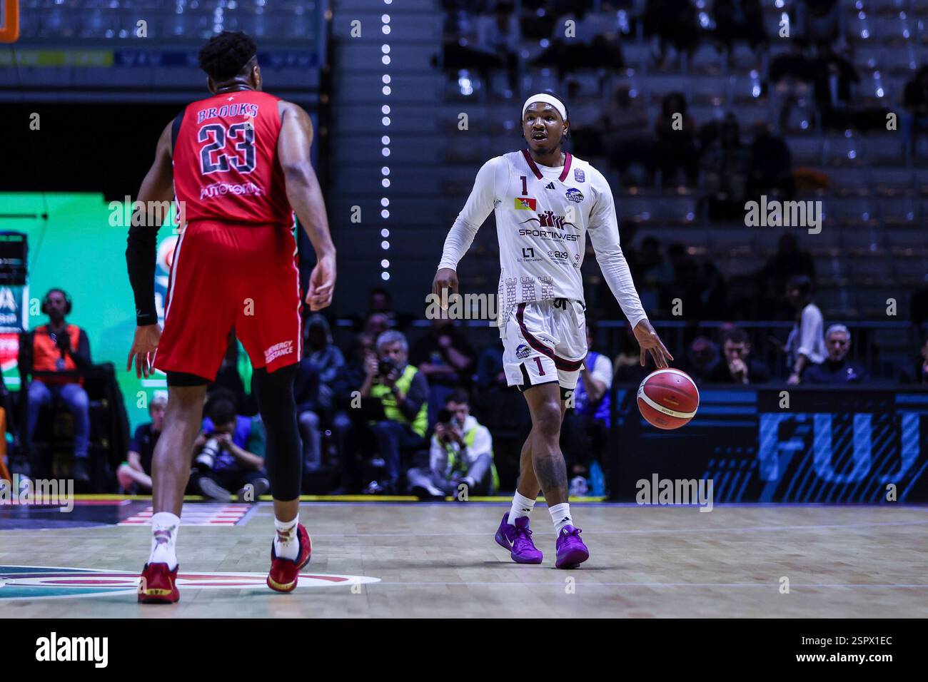 Turin, Italien. 13th Feb, 2025. (R) JD Notae #1 of Trapani Shark seen in action during LBA ...