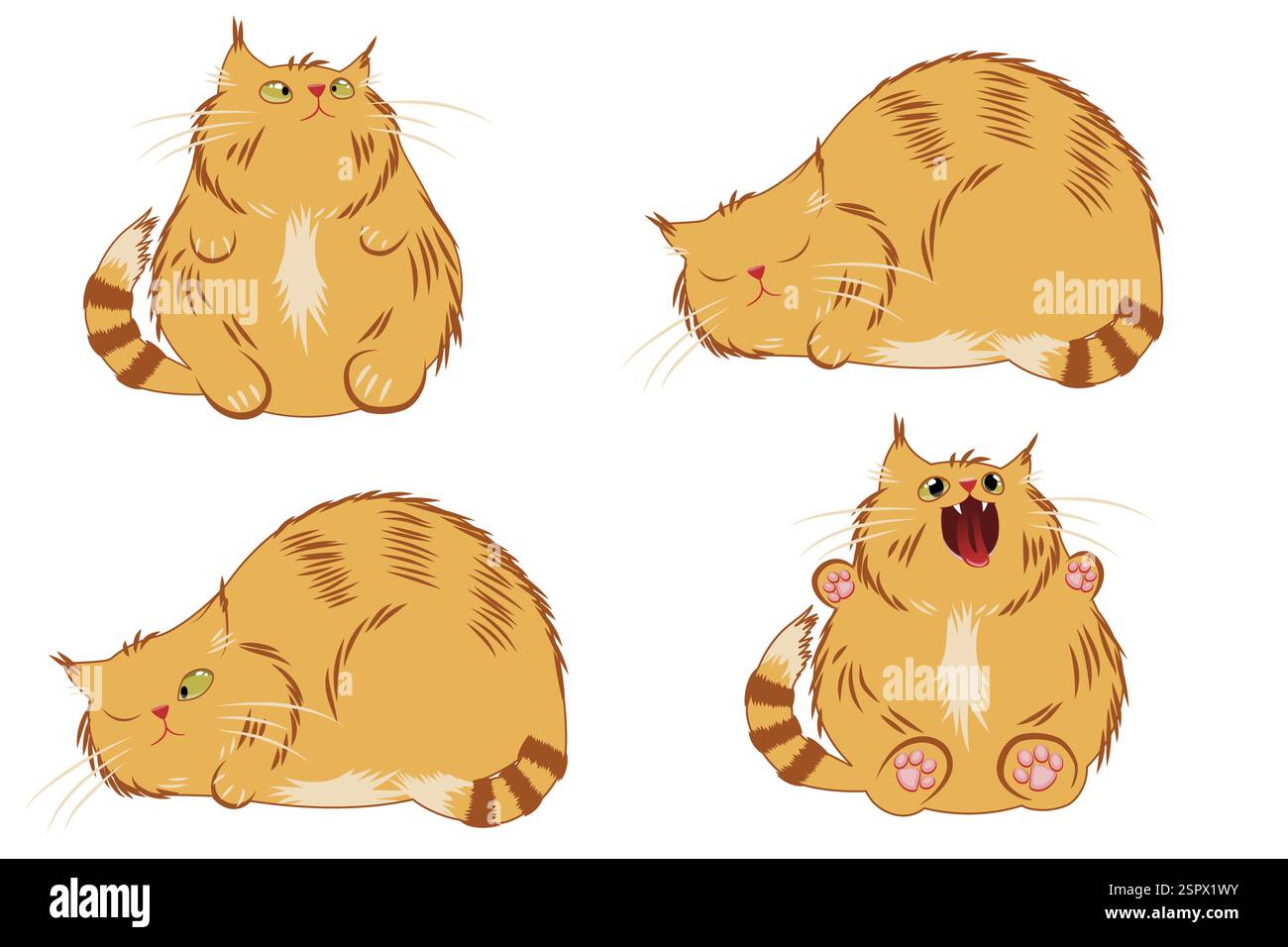 Fat ginger cat sits and sleeps in different poses, vector image Stock ...